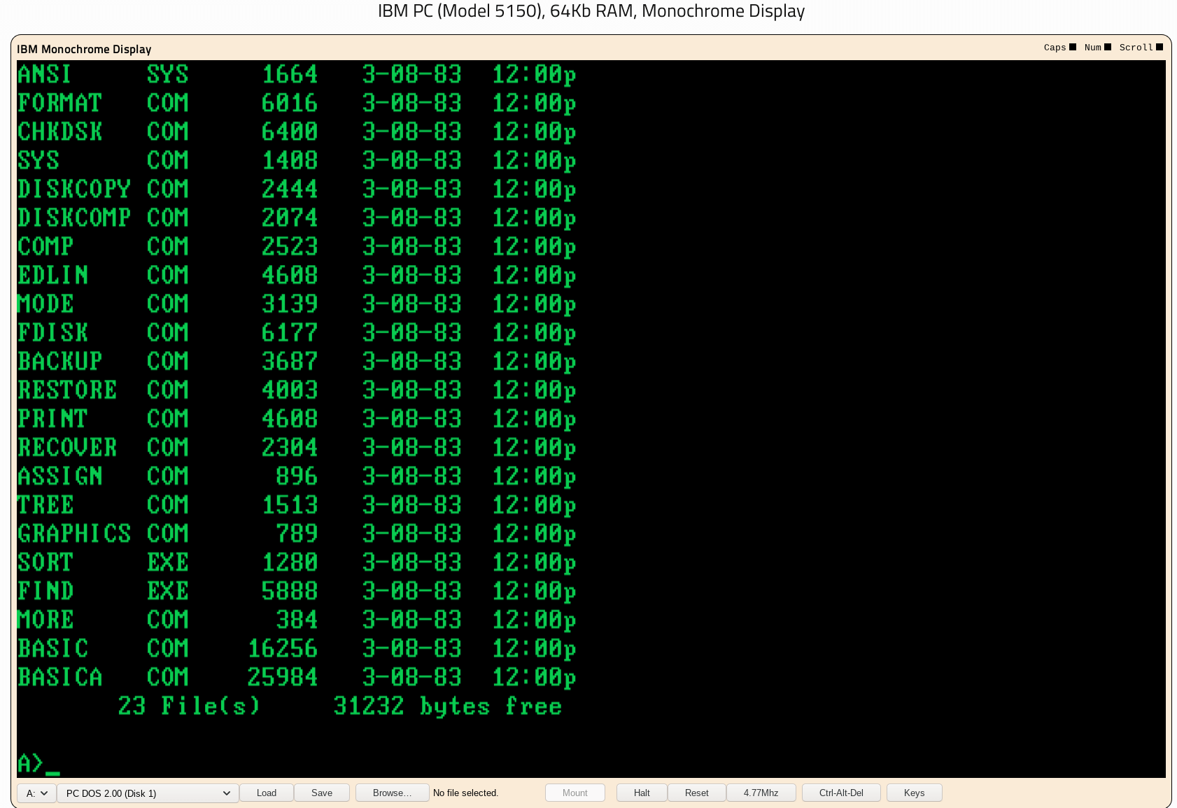 IBM PC (Model 5150) with 64Kb RAM and Monochrome Display Simulated in ...